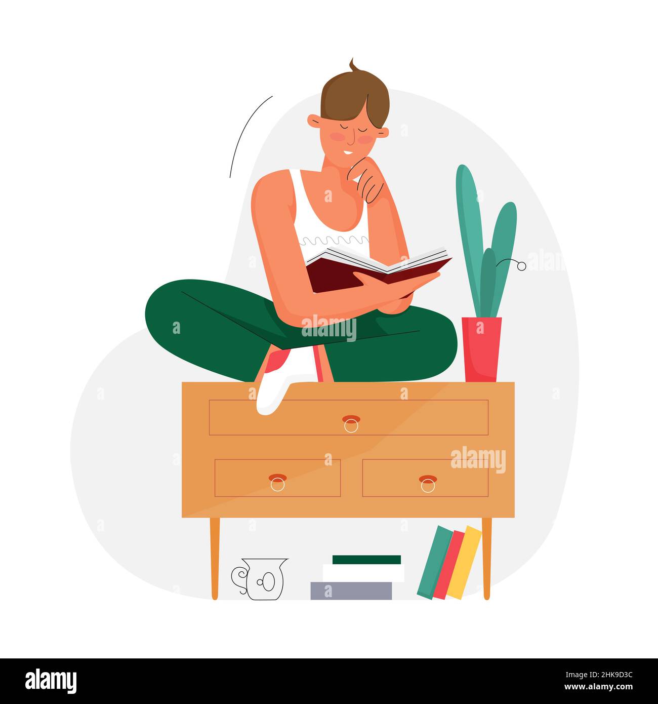 Cute young boy sitting on stand and reading book. Literature lover ...