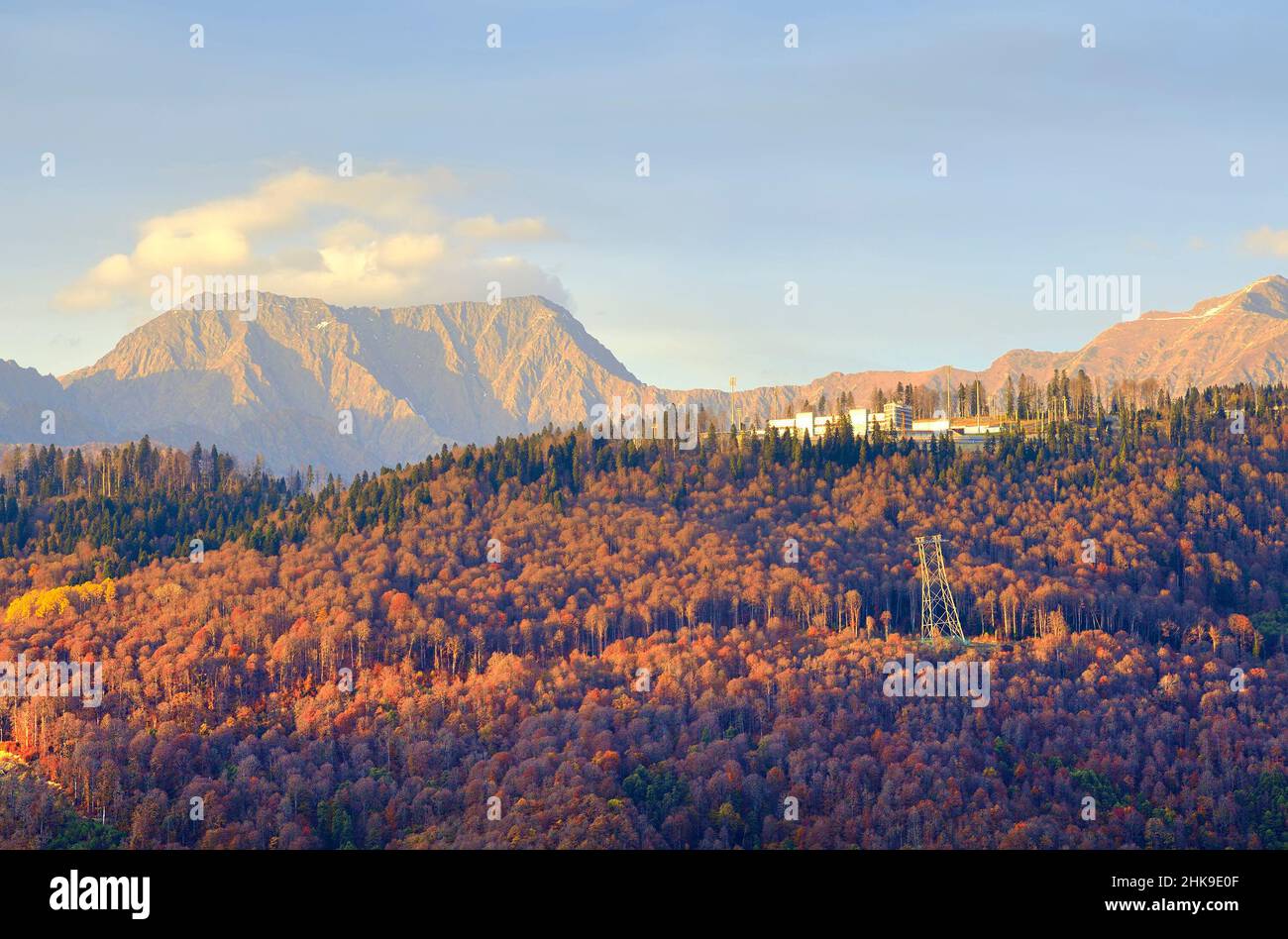 Rocks with golden crowns of trees, the Olympic biathlon complex Laura ...