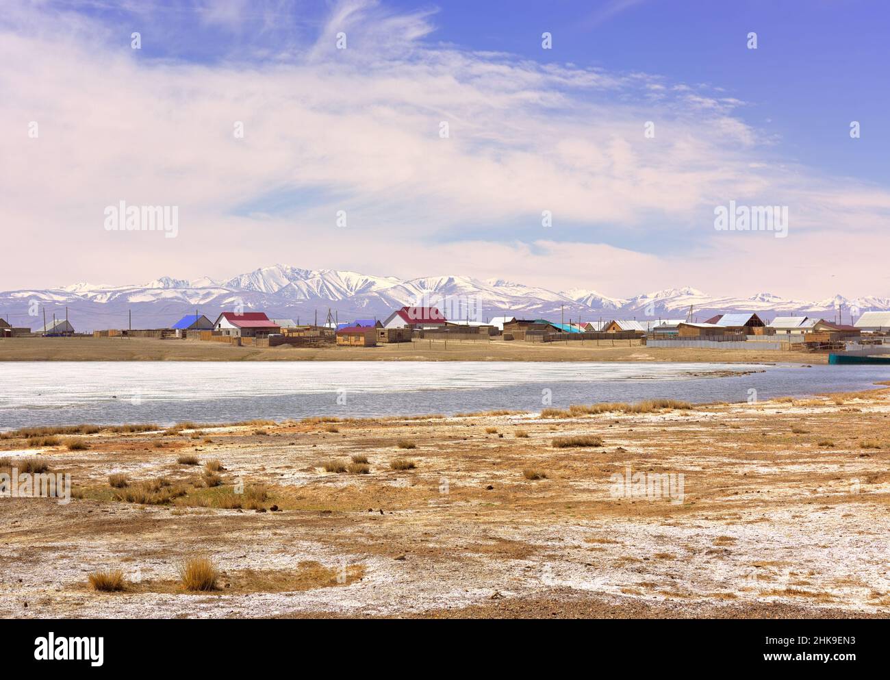 Chui steppe in the Altai Mountains. The village of Kosh-Agach on the ...
