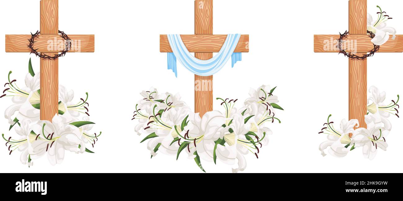 Set crosses with lilies isolated on white background. Religious symbols wooden cross, white lily ...
