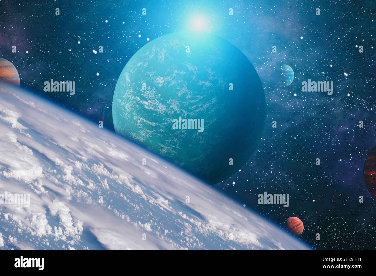 Chaotic space background. Planets, stars and galaxies in outer space ...