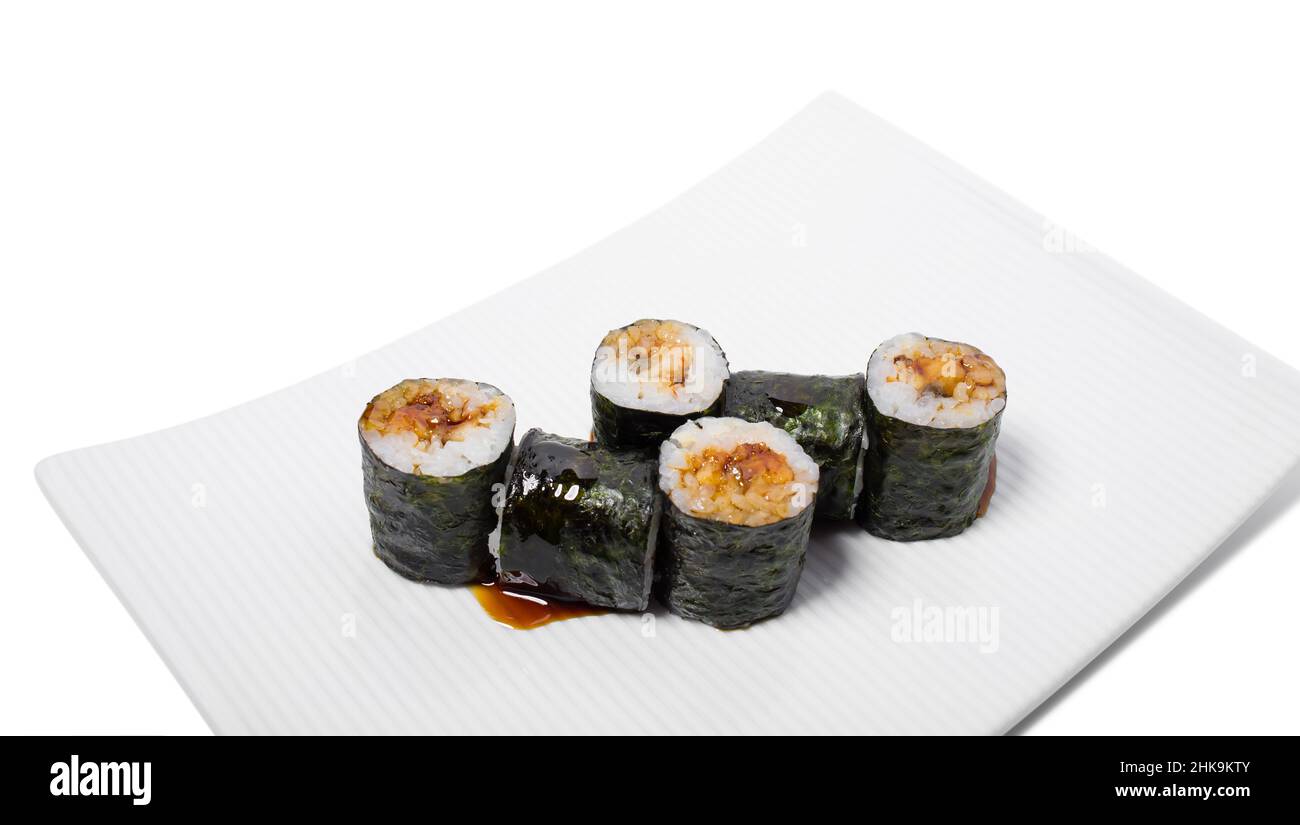Traditional japanese maki unagi roll. Isolated on a white background Stock Photo - Alamy