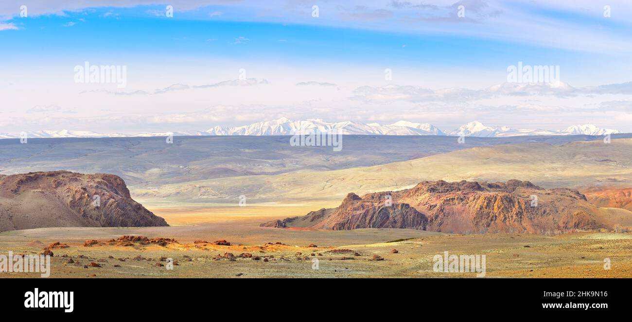 Chui Valley in the Altai Mountains. Rocky cliffs, a rolling plain in ...