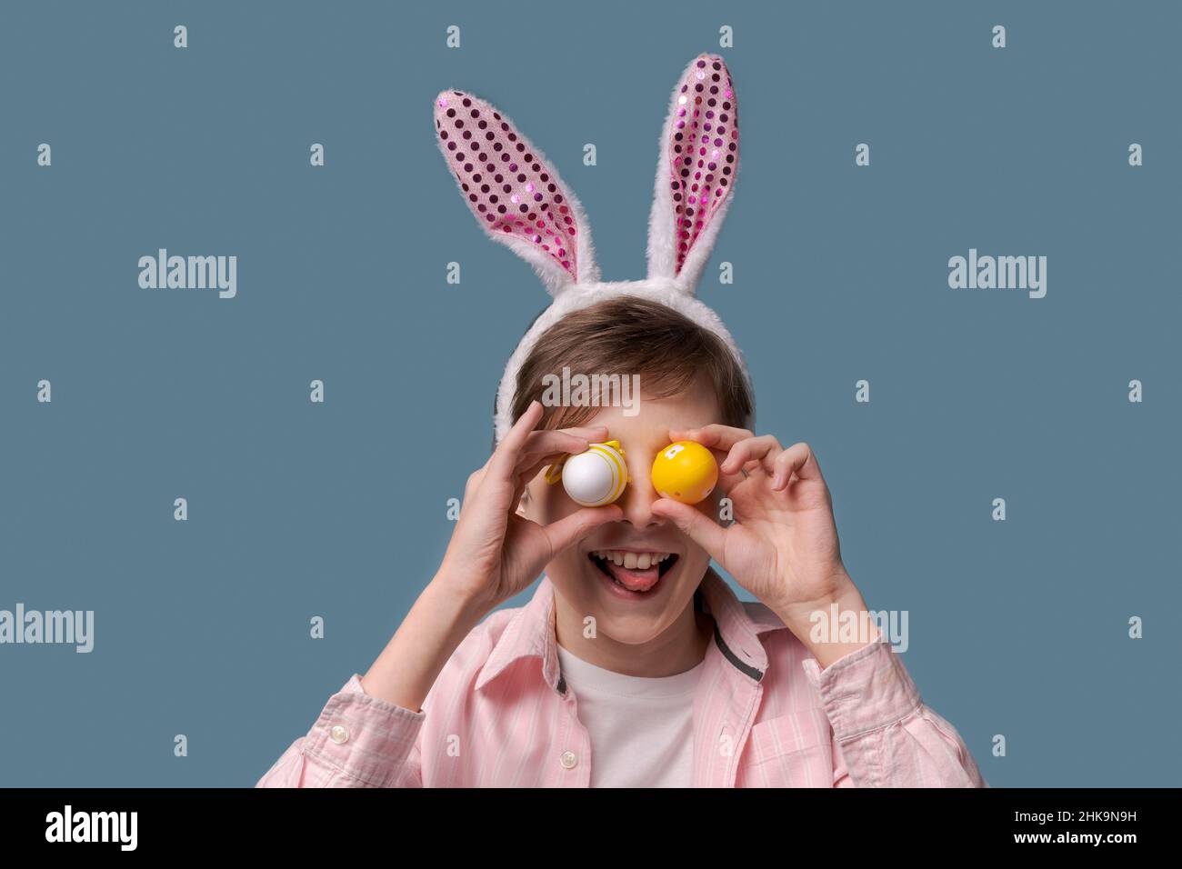 Easter boy funny portrait. Happy boy with Easter eggs Caucasian child ...