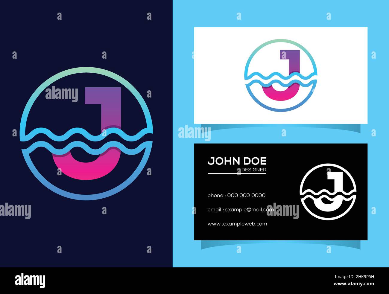 Initial J monogram alphabet in a circle with water waves. Water wave ...