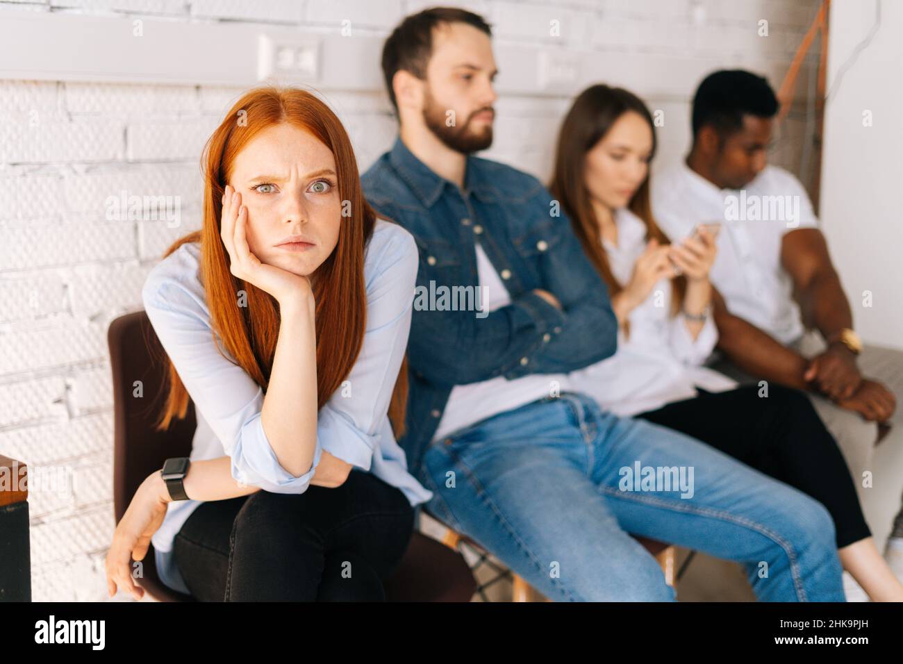 Angry excited female job candidates looking at camera while waiting ...
