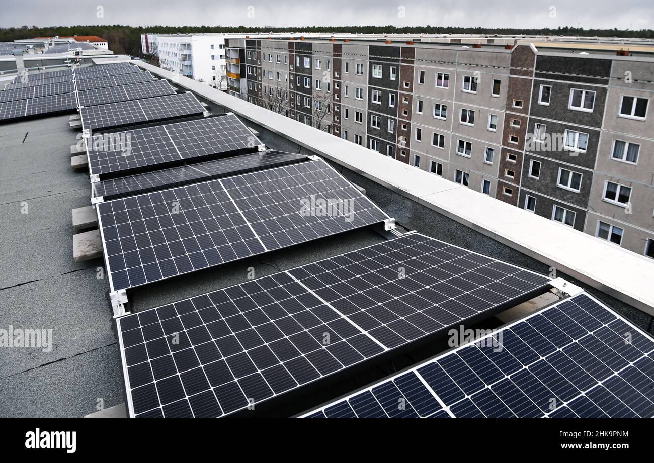 02 February 2022, Brandenburg, Potsdam: A photovoltaic tenant power ...