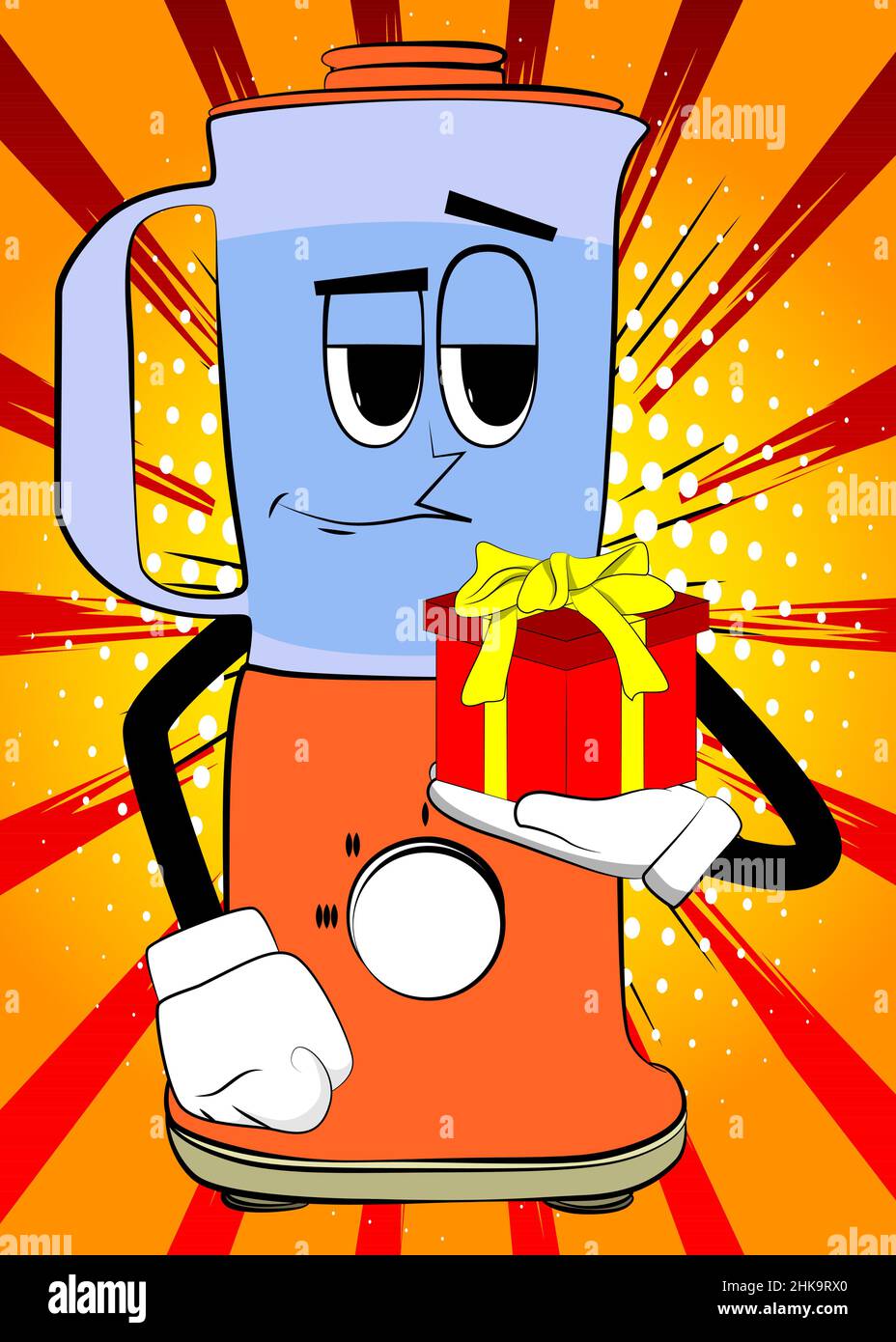 Food Blender holding small gift box as a cartoon character with face ...