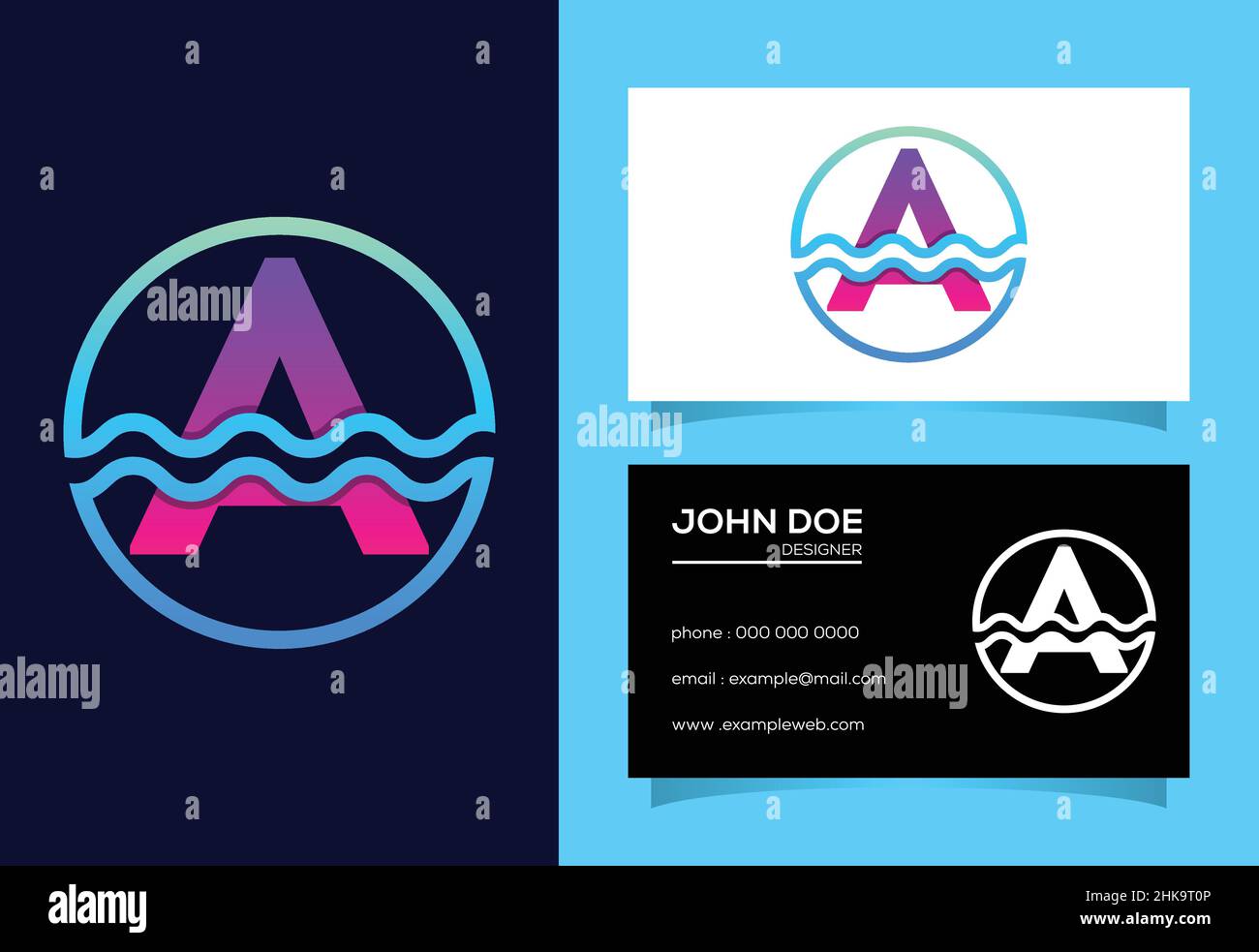 Initial A monogram alphabet in a circle with water waves. Water wave ...