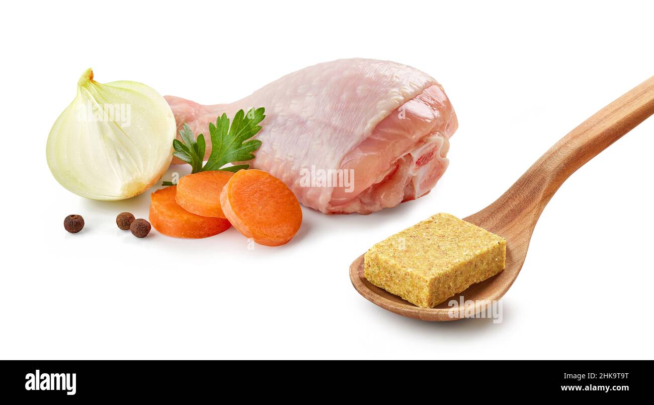 fresh raw chicken leg and vegetables for making broth isolated on white ...