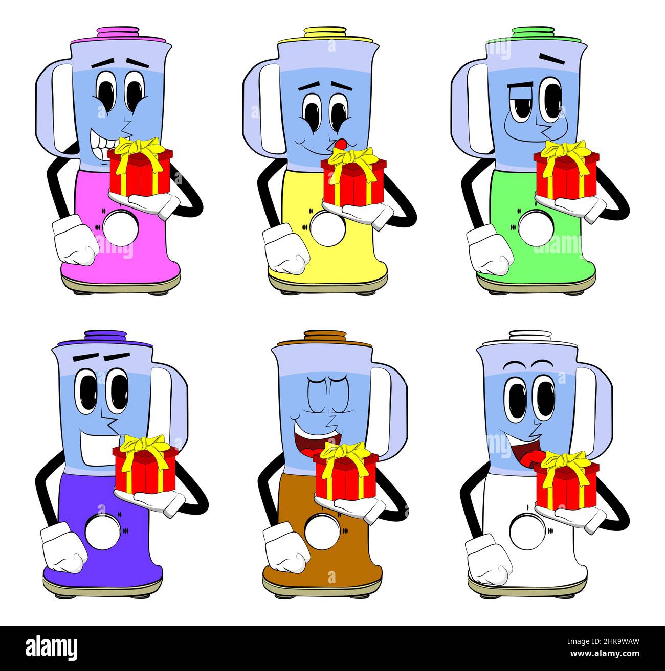 Food Blender holding small gift box as a cartoon character with face ...