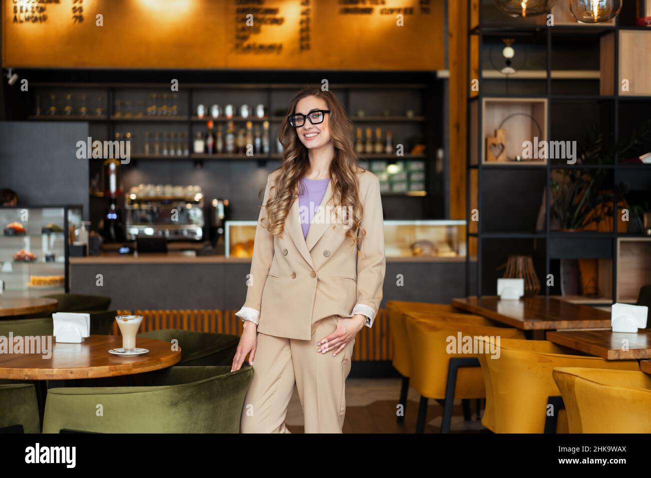 Business Woman Restaurant Owner Dressed Elegant Pantsuit Standing In ...