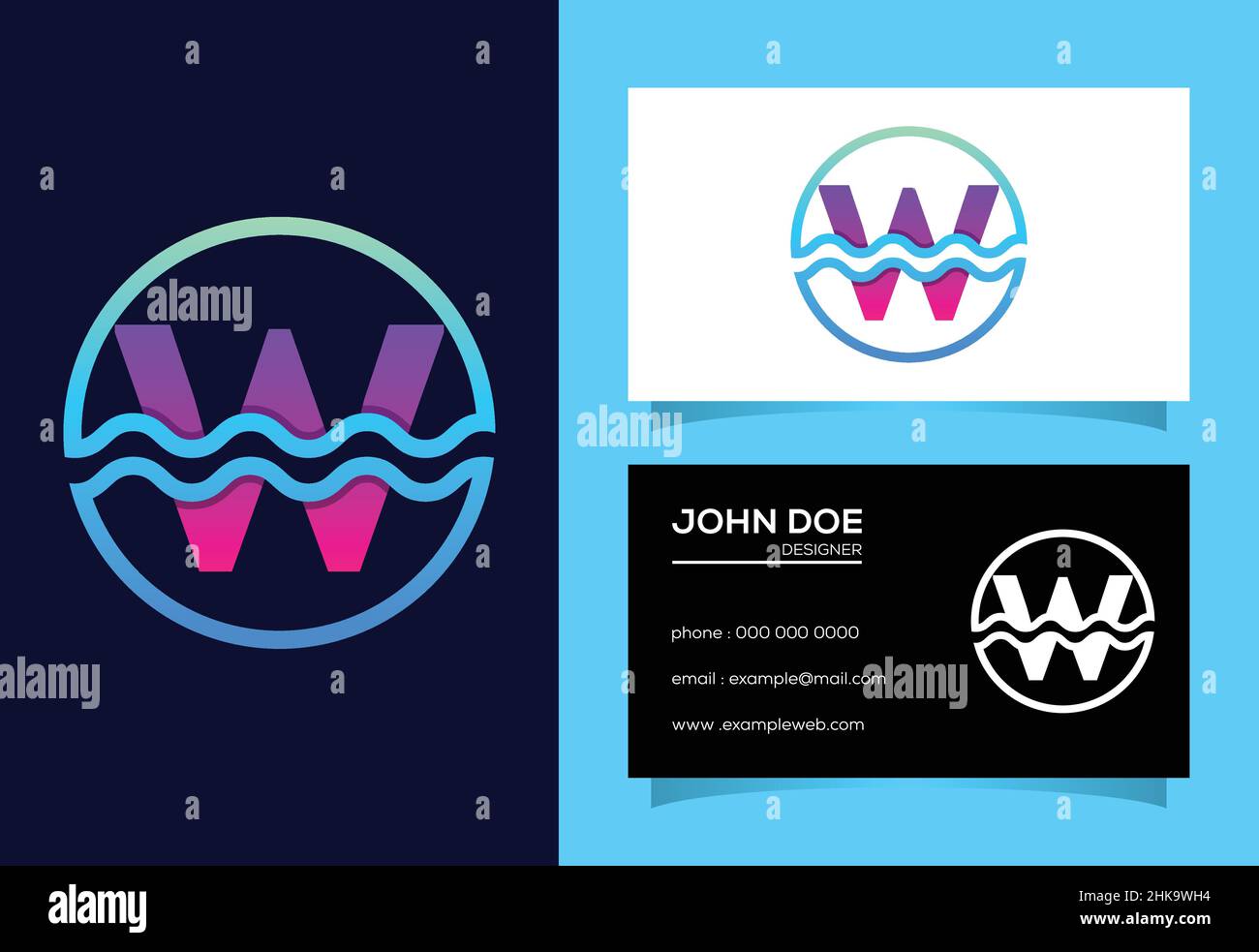 Initial W monogram alphabet in a circle with water waves. Water wave ...