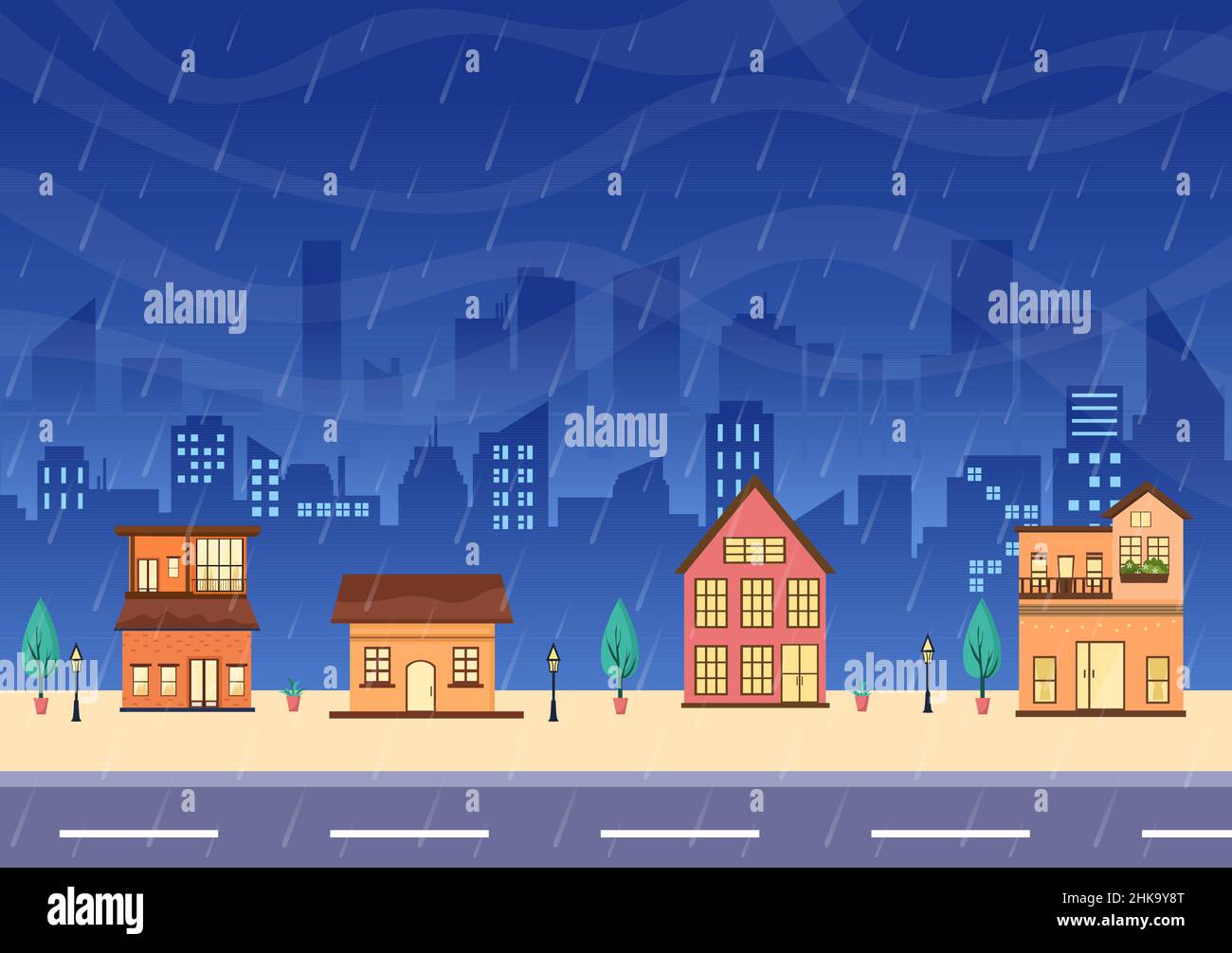 Rain Storm Background Vector Illustration at Rainy Weather with Scenery ...