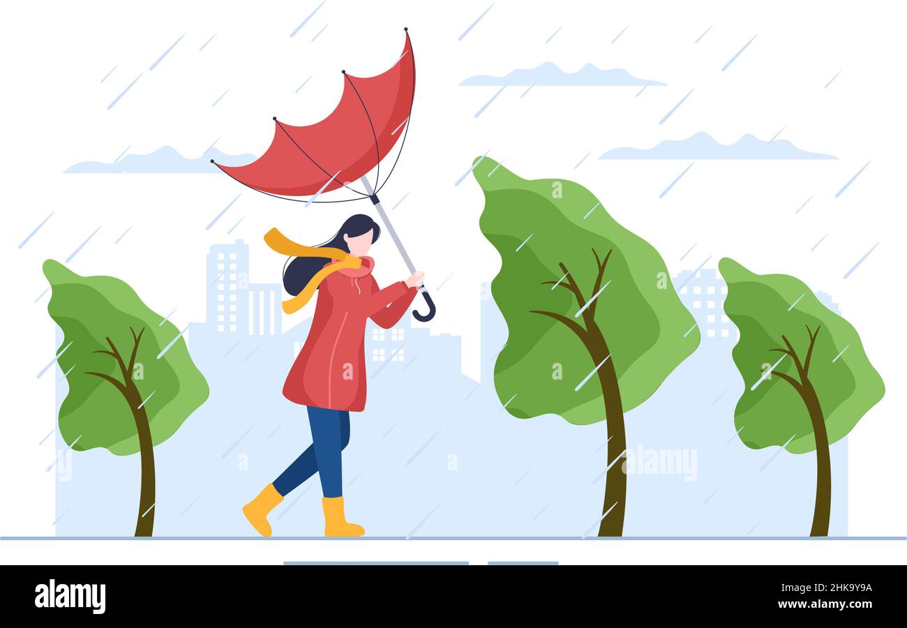 People Wearing Raincoat, Rubber Boots and Carrying Umbrella In the Middle of Rain Showers Storm ...