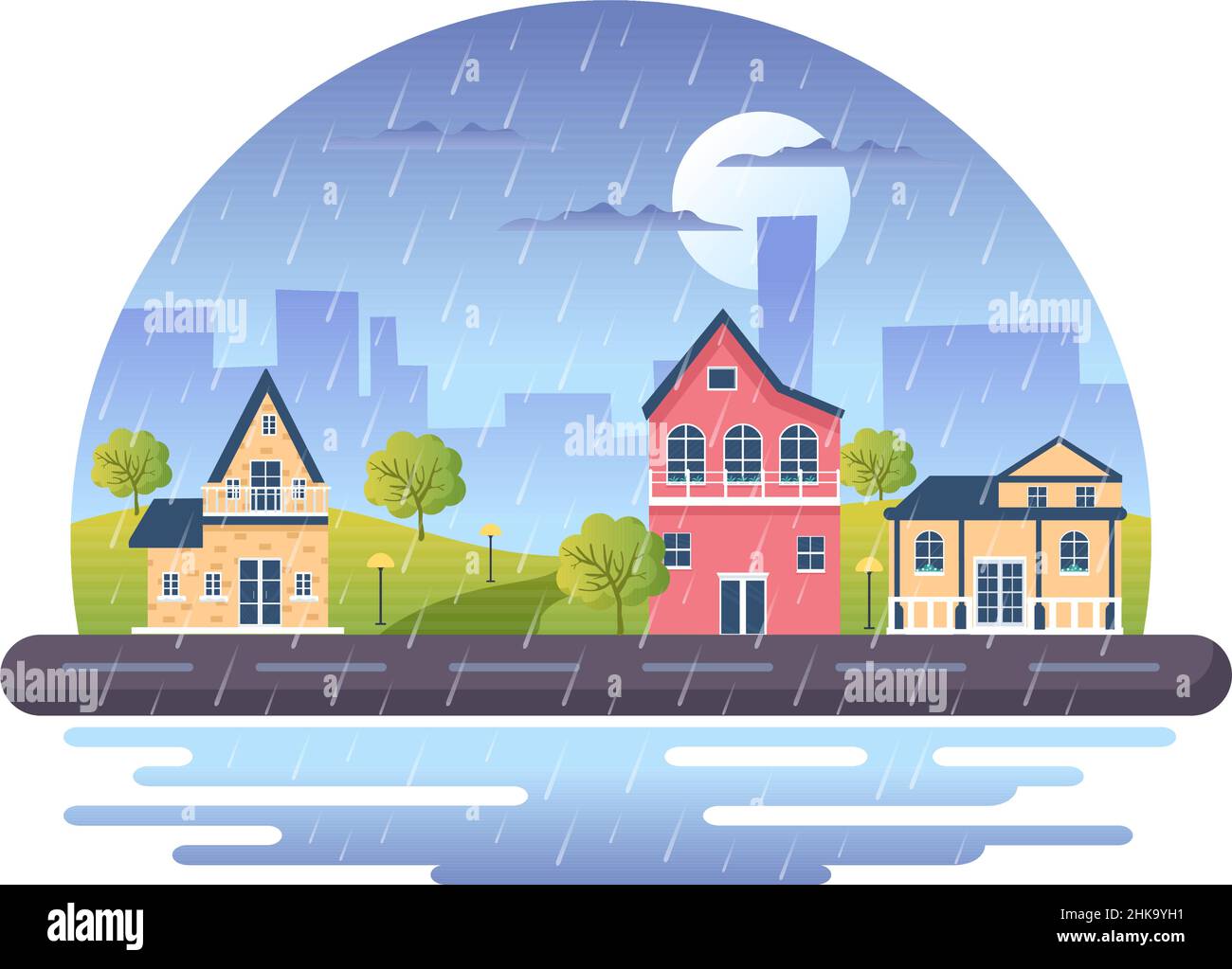 Rain Storm Background Vector Illustration at Rainy Weather with Scenery ...