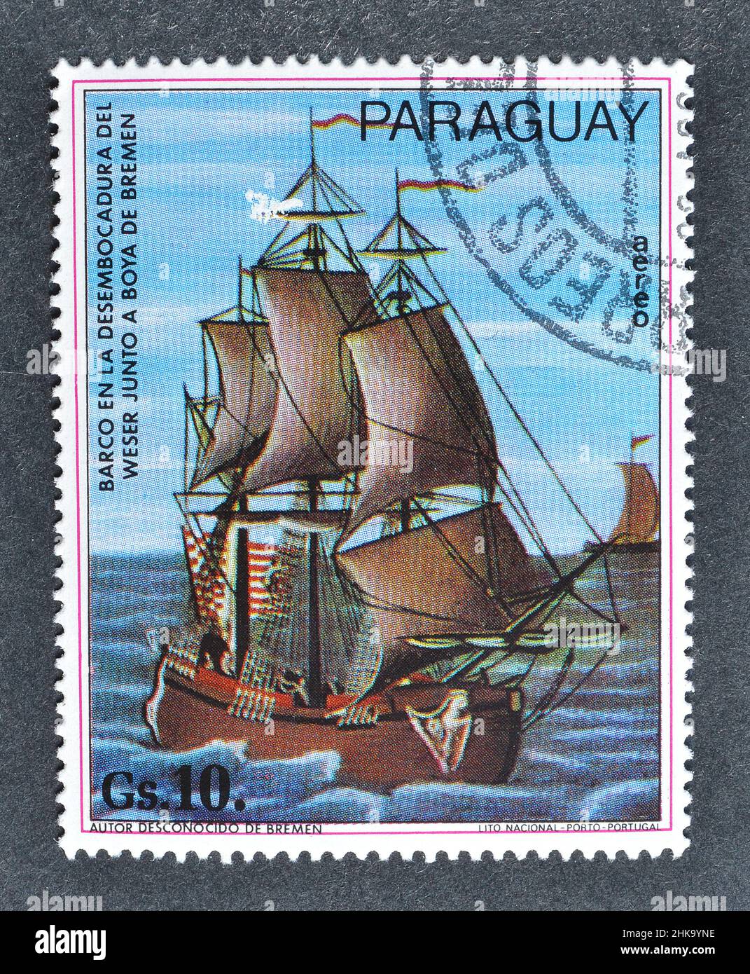 Cancelled postage stamp printed by Paraguay, that shows Bark of Bremen ...
