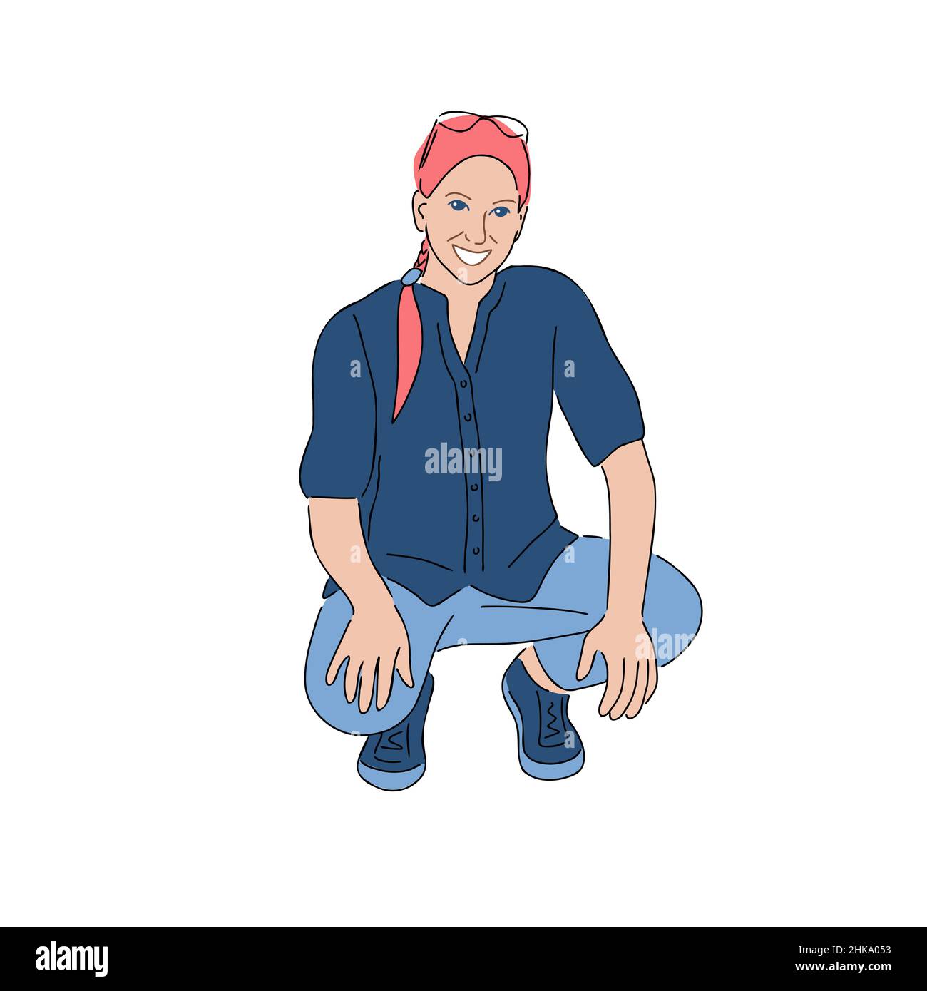 Squat smiling woman character hand drawn sketch vector illustrations ...