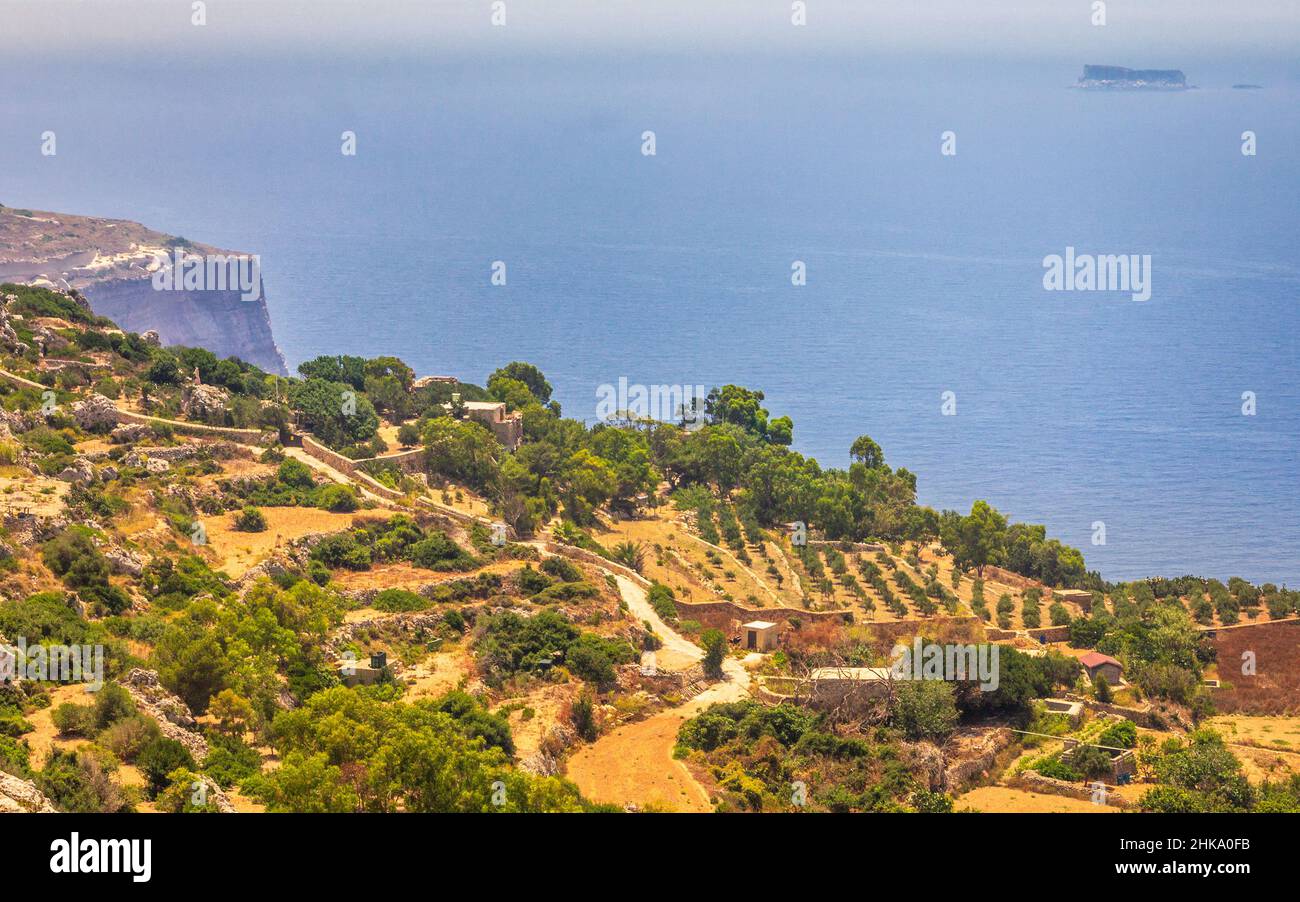 The Dingli Cliffs on Malta island with a view of uninhabited isle of ...
