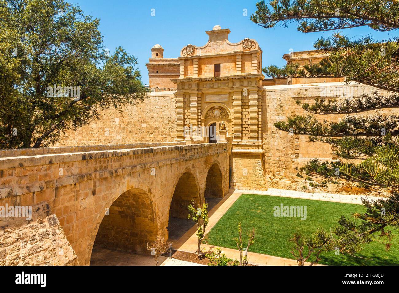 Entrance bridge and gate to Mdina, a fortified medieval city in the ...