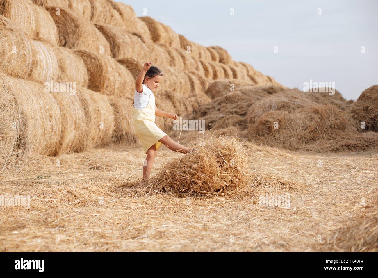 Young Caucasian girl playing and kicking hay with huge heap of hay and ...