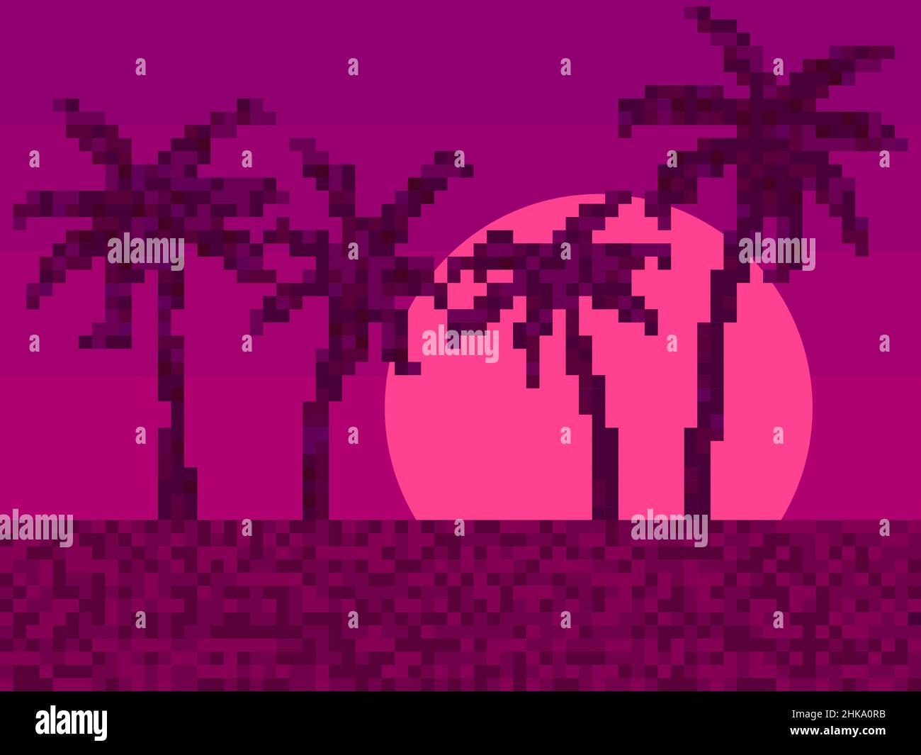 Pixelated palm trees at sunset in 80s style. 8-bit red sunset with palm ...