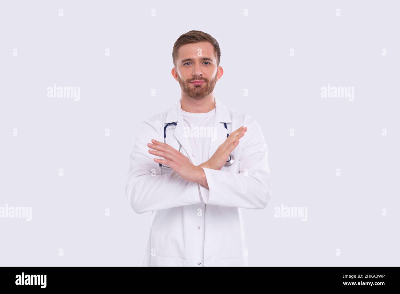 Male Doctor Hands Crossed Stop Sign. Isolated Hands Sign Stock Photo ...