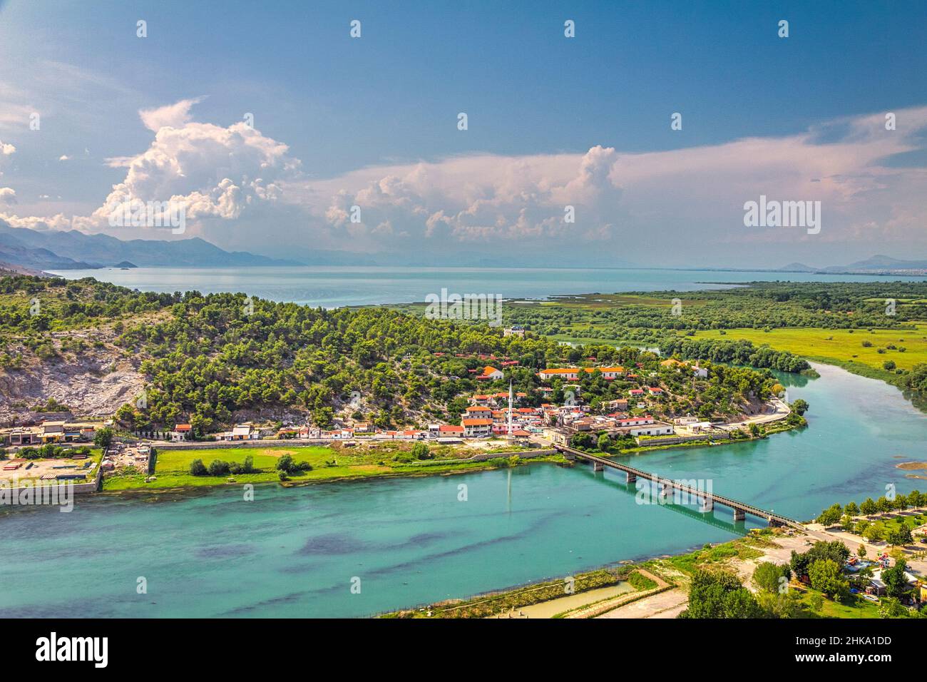 Lake Skadar with outflow river, the largest lake in Southern Europe, located between Albania and ...