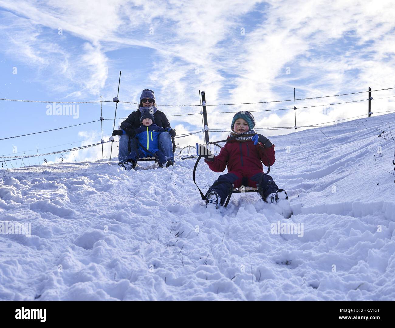 People having fun with sleds Stock Photo - Alamy