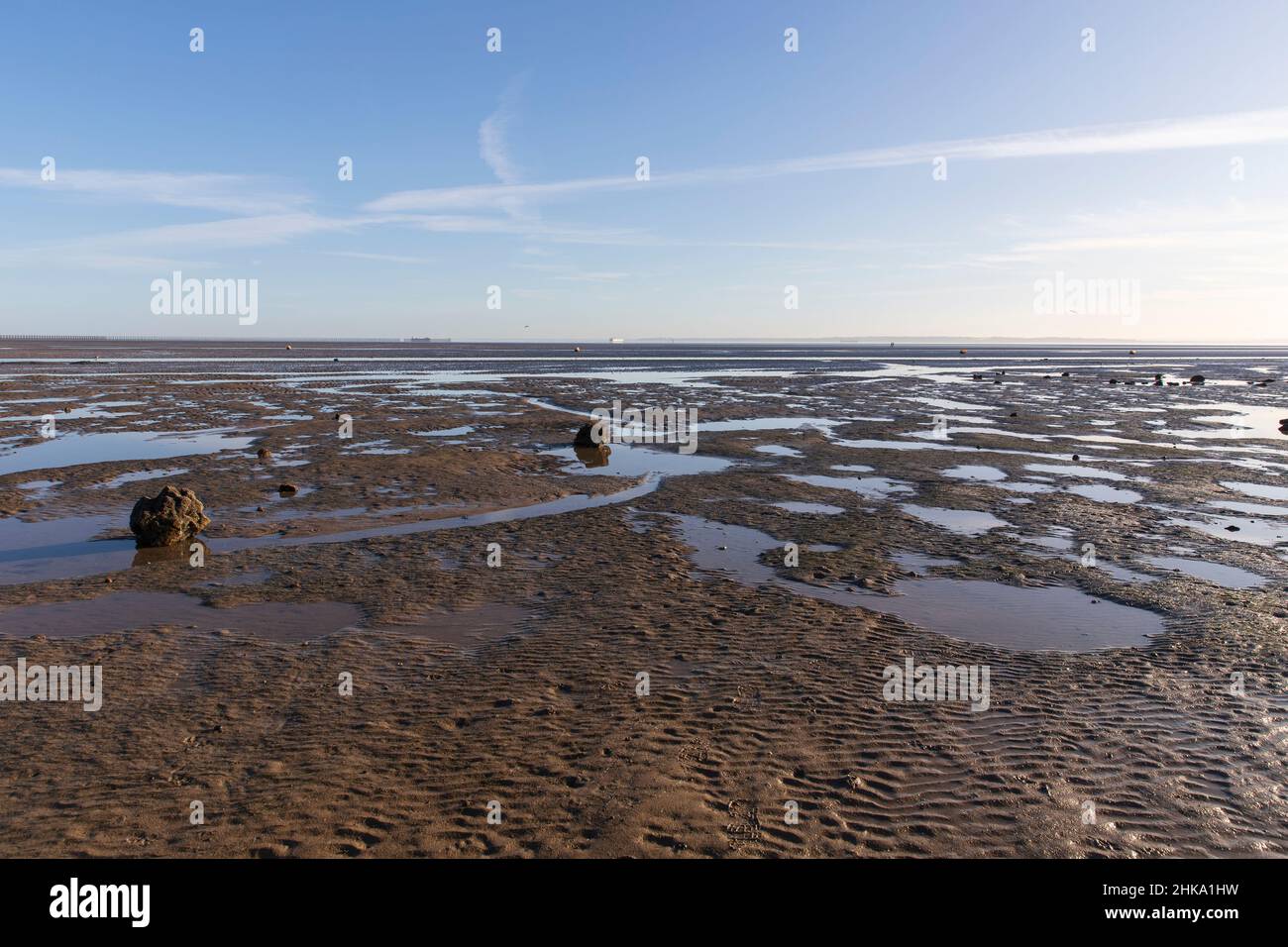 Low tide at Shoeburyness in Essex - mudflats and pools of water Stock ...