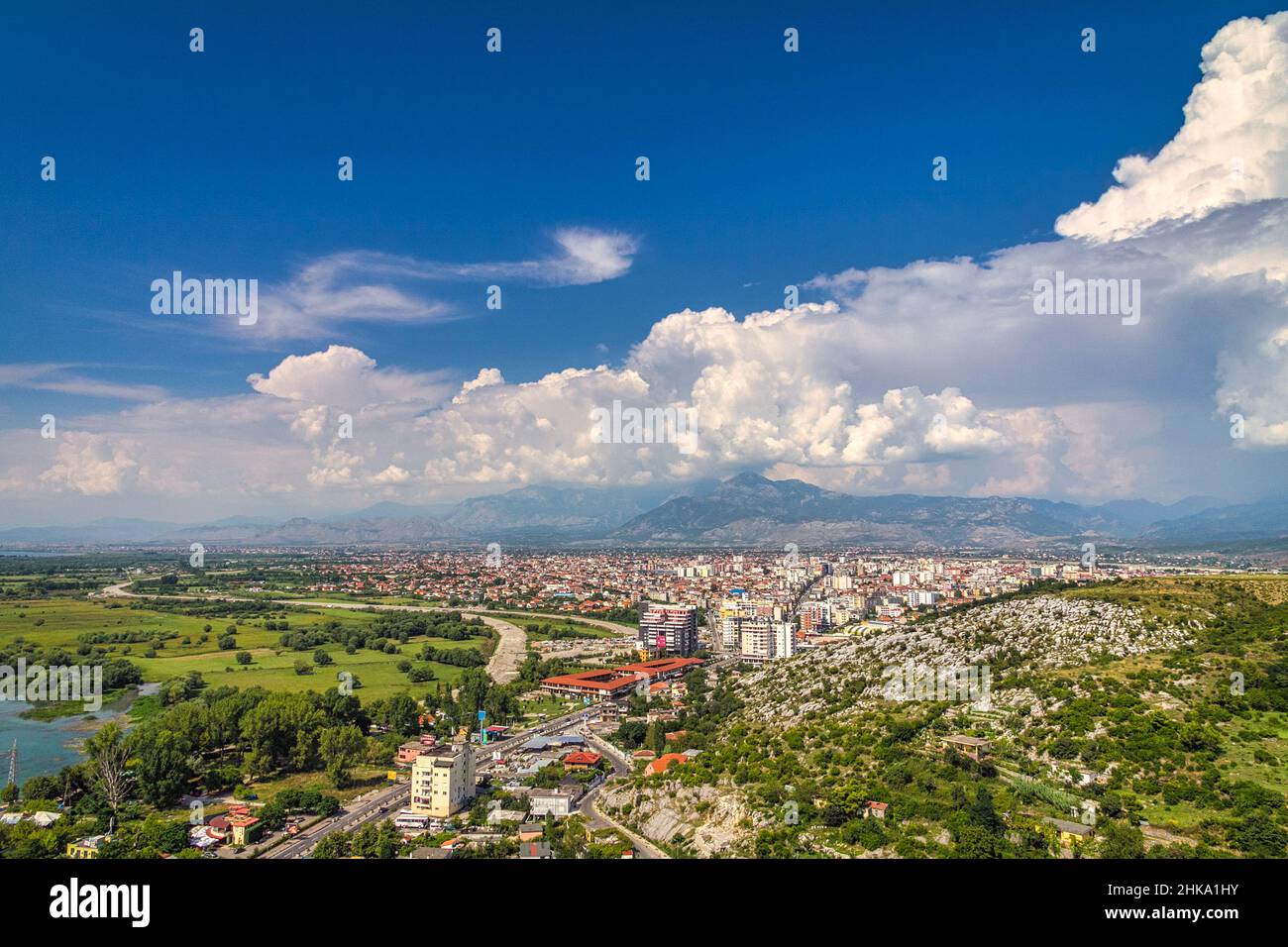 A view of Shkoder city under the mountains, Albania, Europe Stock Photo ...