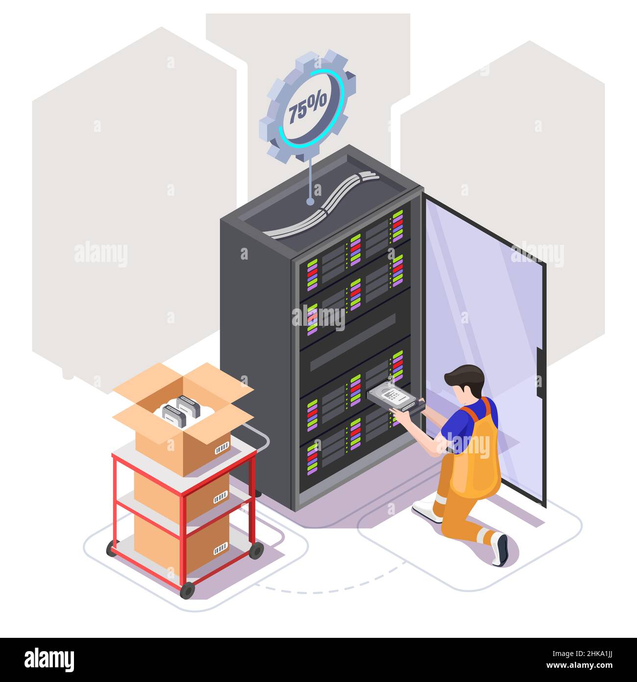 Engineer fixing server network in data center, vector isometric ...