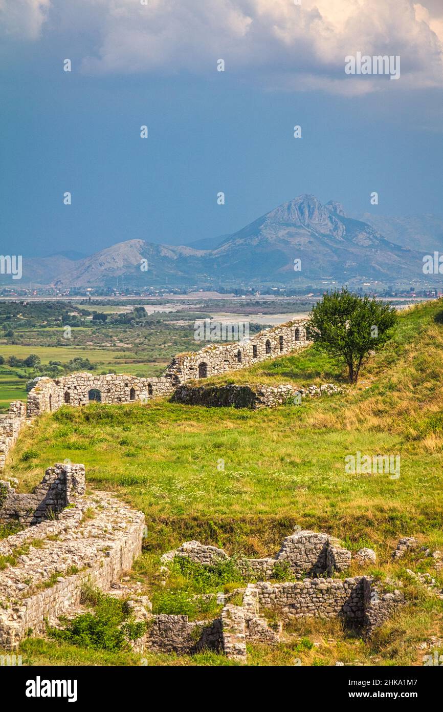 The walls of The Fortress Rozafa with mountain range on background ...
