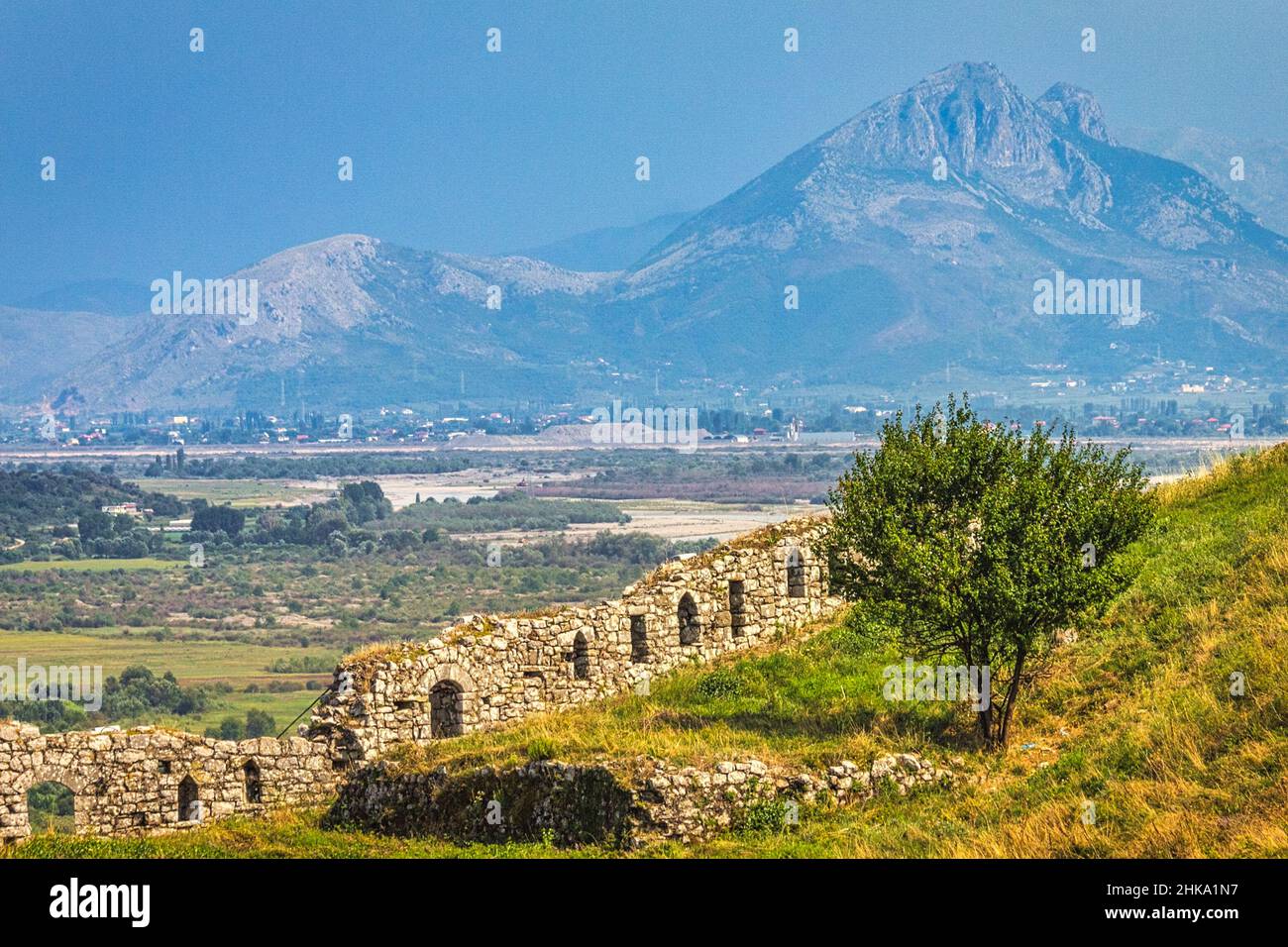 The walls of The Fortress Rozafa with mountain range on background ...
