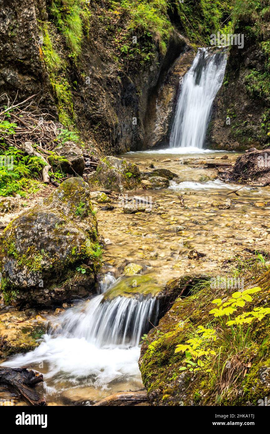 Double waterfalls on a stream in forest, national park Mala Fatra ...