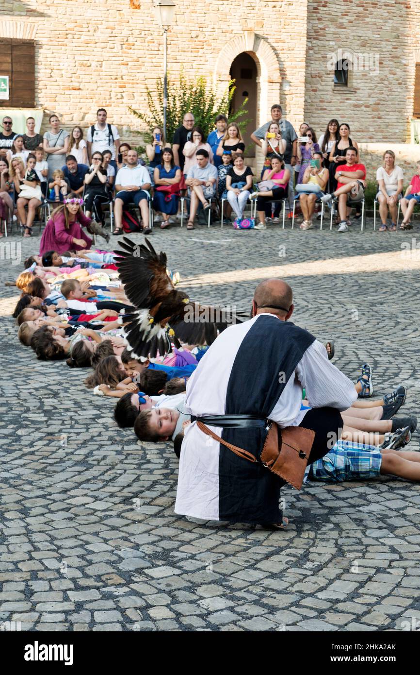 Medieval festivals in Offagna, Old Town, Falconry show, Marche, Italy ...