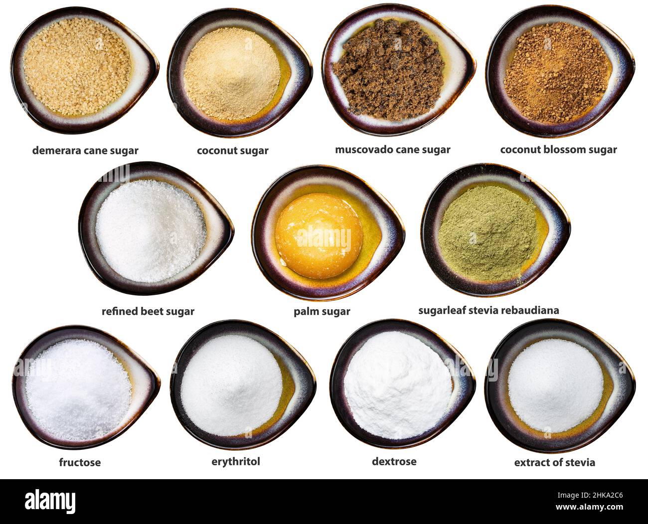 set of various sugars with names in ceramic bowls isolated on white ...