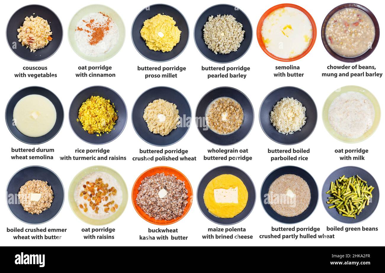 set of top views of various buttered porridges with names isolated on ...