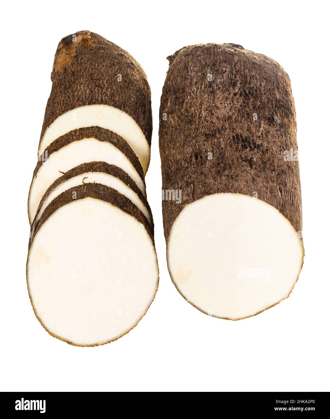 front view of sliced tuber of african yam isolated on white background ...