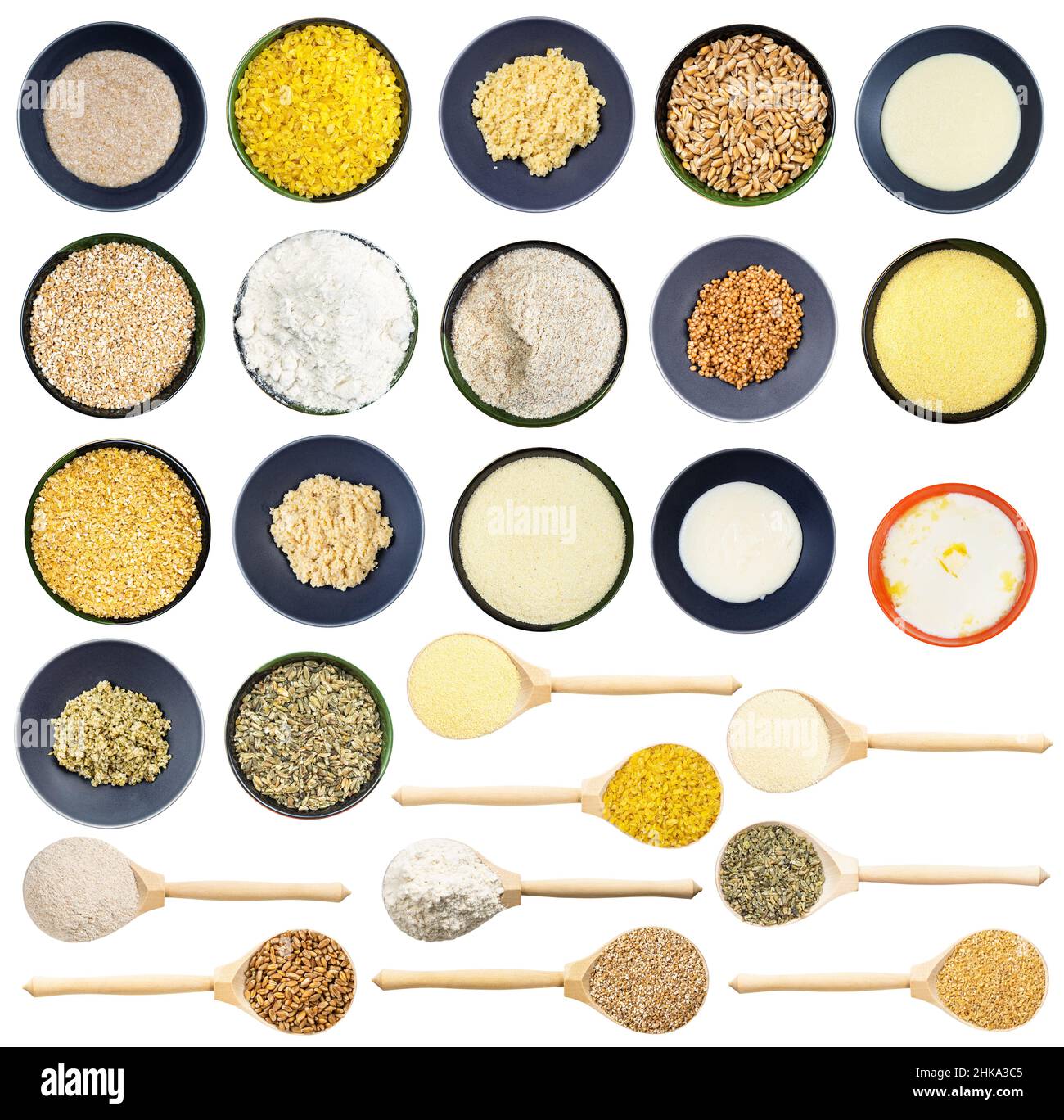 set of various raw and cooked common wheat grains isolated on white ...