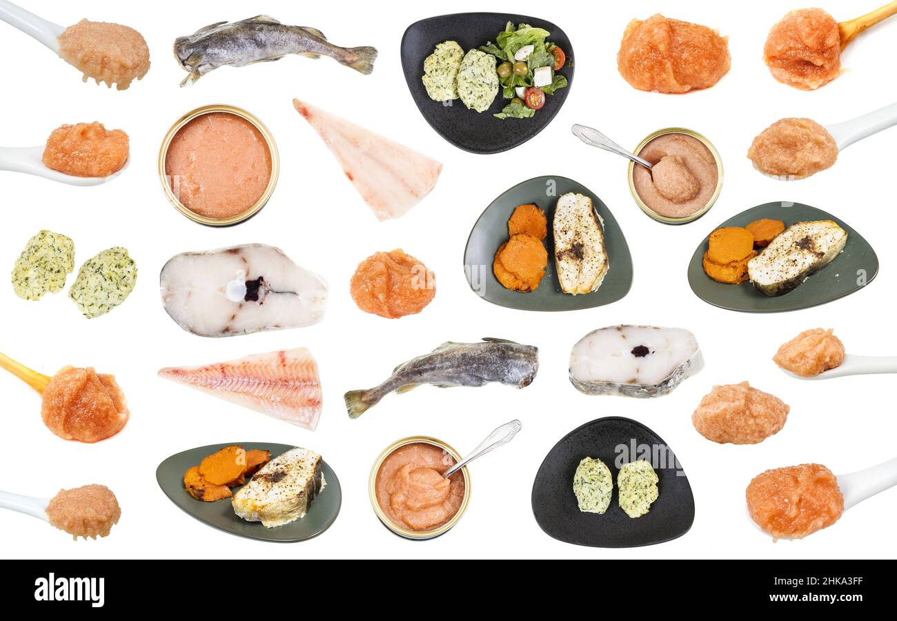 set of various foods from cod fishes isolated on white background Stock ...