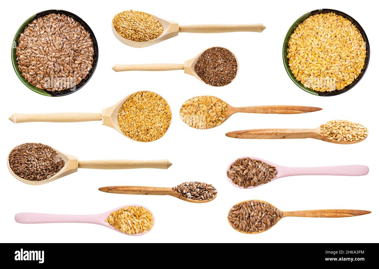 set of various flax seeds isolated on white background Stock Photo - Alamy