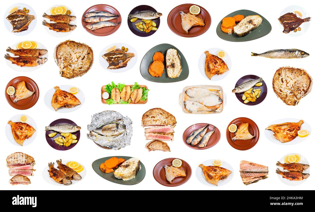 set of various fried fishes isolated on white background Stock Photo ...