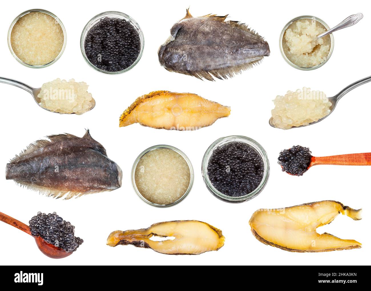 set of various cooked and raw halibut and roe isolated on white ...