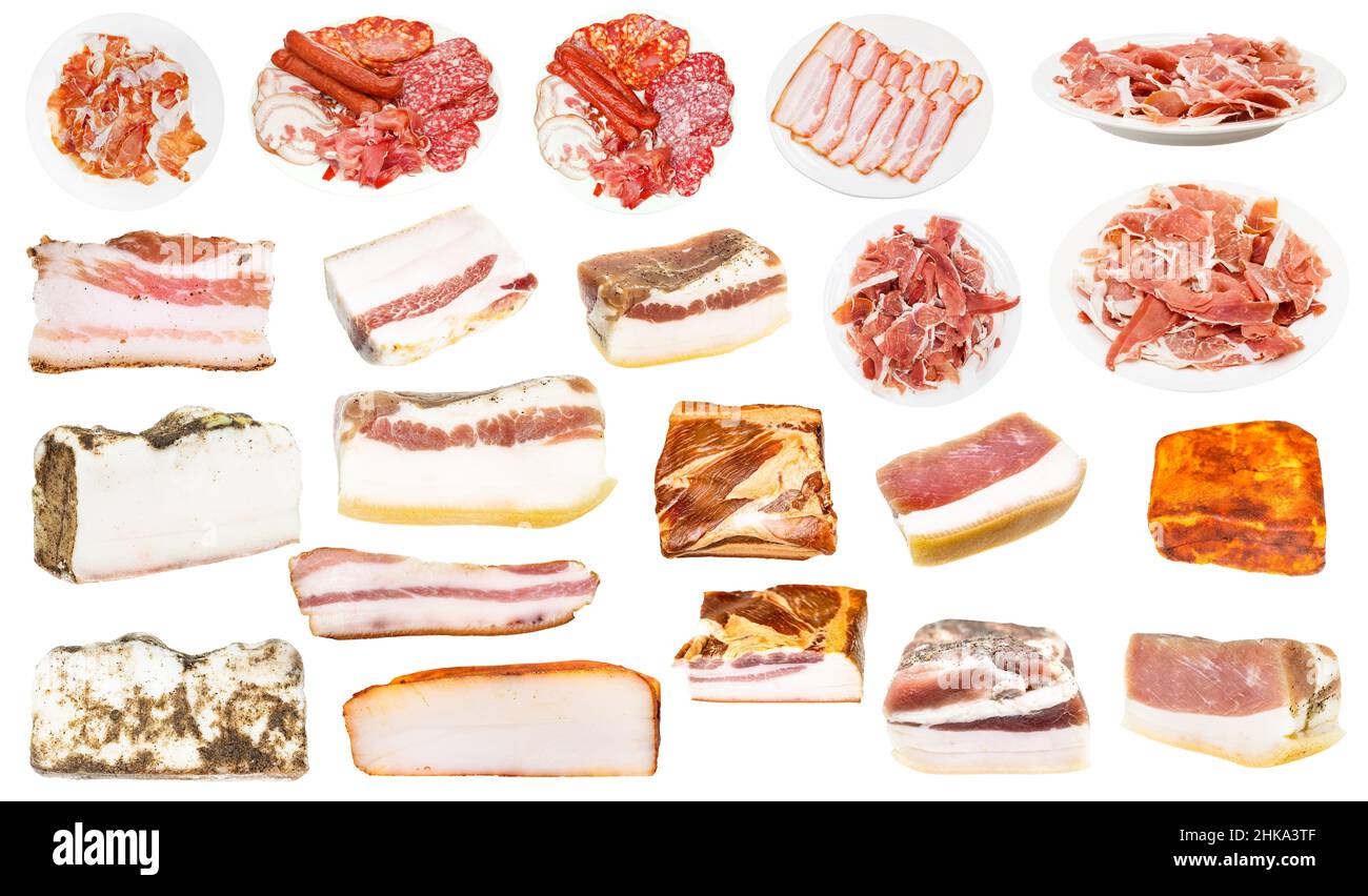set of various bacons isolated on white background Stock Photo - Alamy
