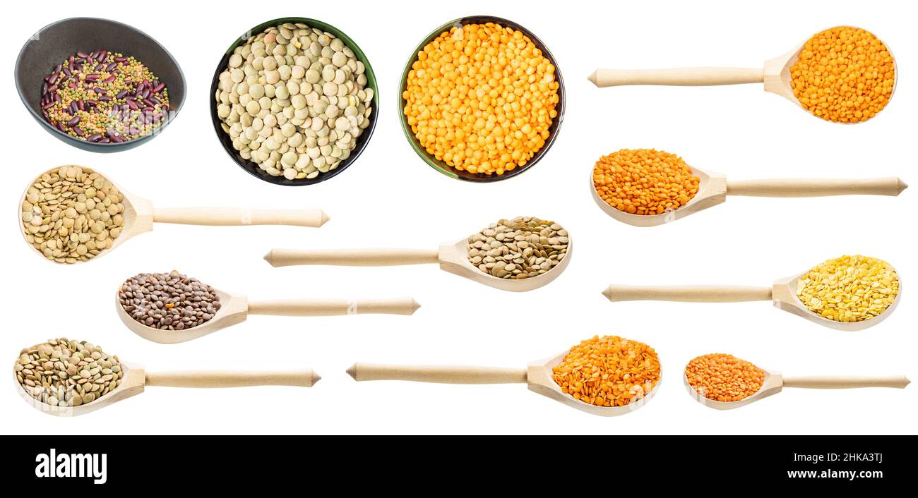 set of various uncooked lentils isolated on white background Stock ...