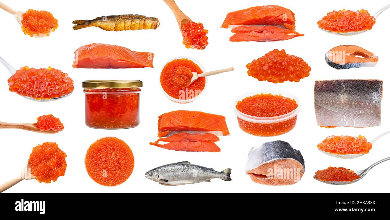 set of various salmon fishes and red roes isolated on white background ...