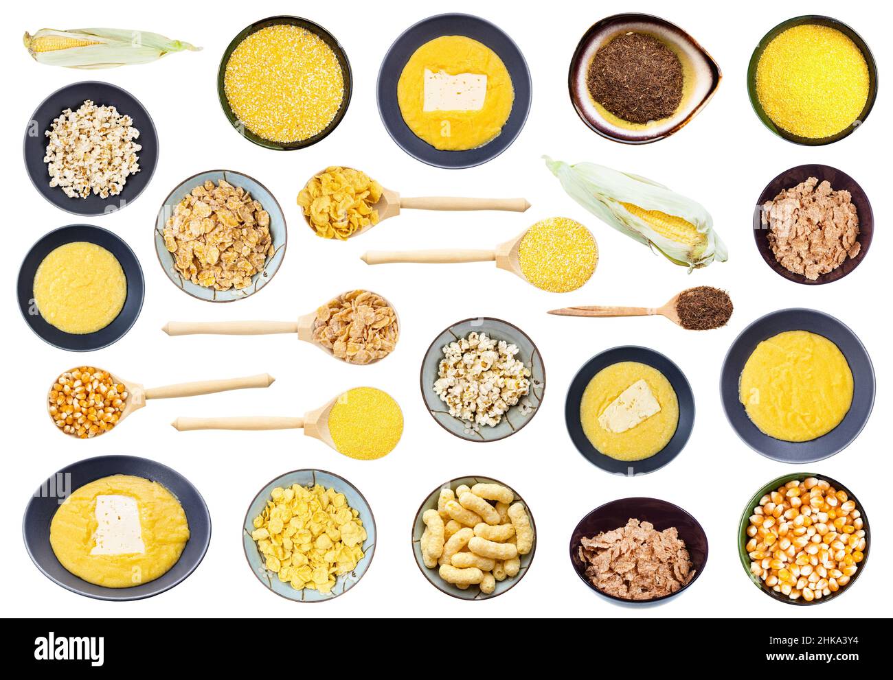 set of various cooked and raw maize corns isolated on white background ...