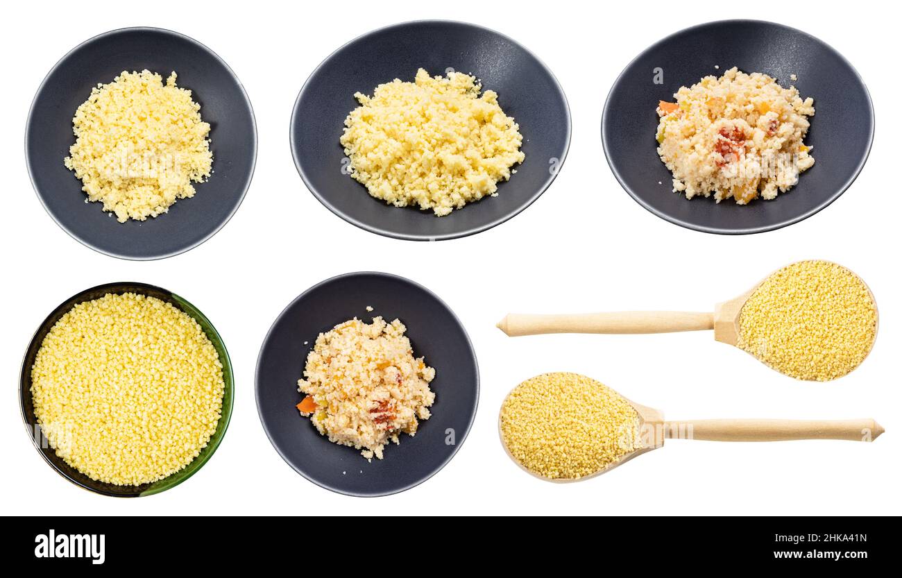 set of boiled and raw moroccan couscous isolated on white background ...