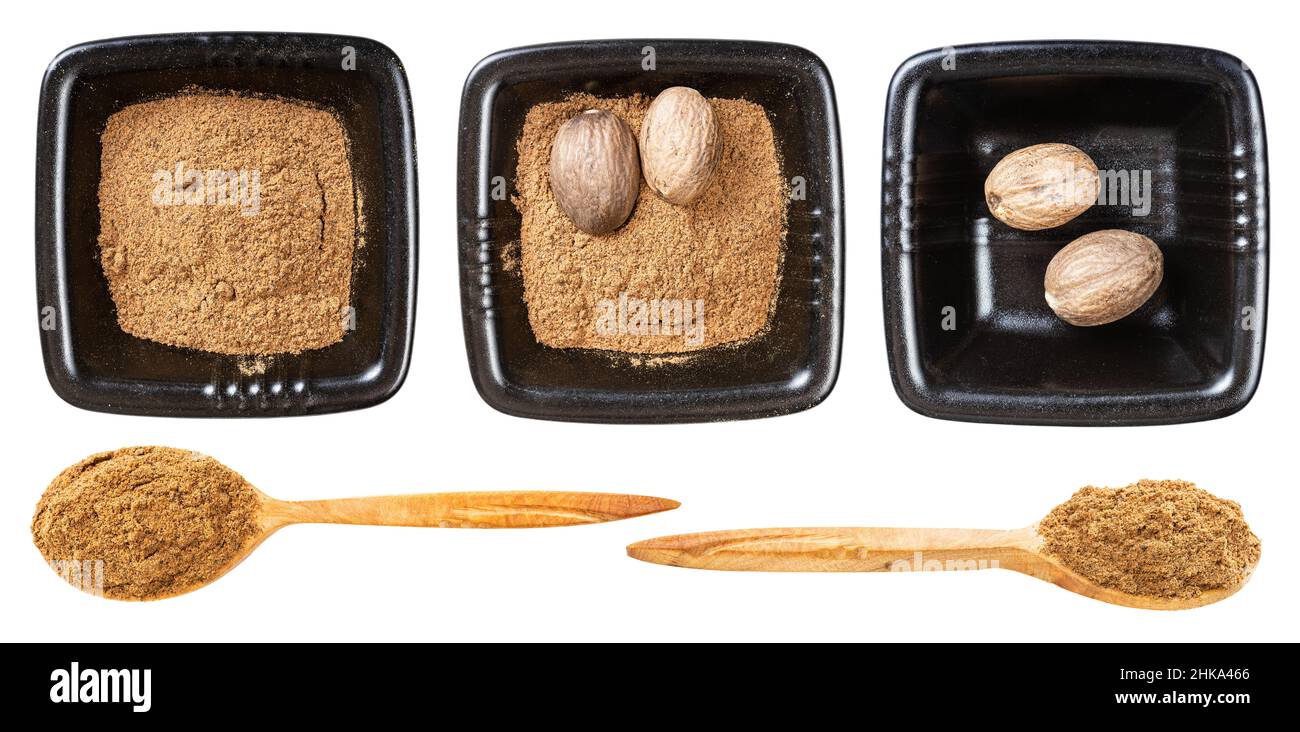 set of various nutmeg nut and powder isolated on white background Stock ...